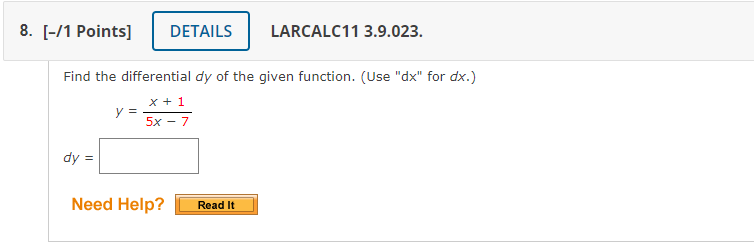 Solved Find the differential dy of the given function. (Use | Chegg.com