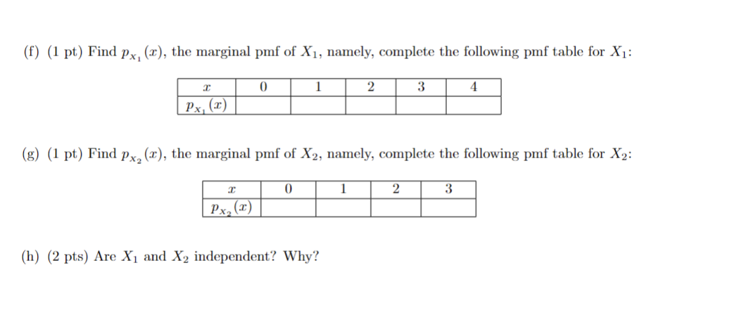 Solved (f) (1 pt) Find pX1(x), the marginal pmf of X1, | Chegg.com
