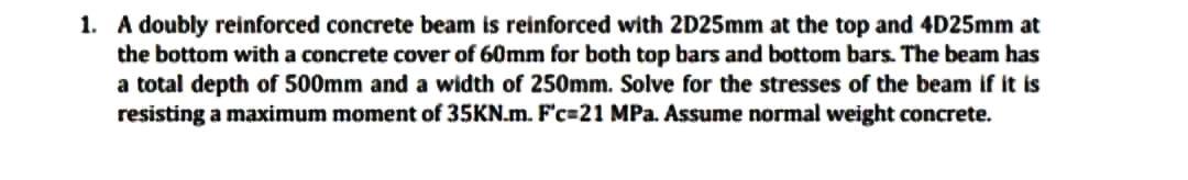 Solved 1. A doubly reinforced concrete beam is reinforced | Chegg.com