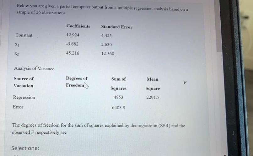 Solved Below you are given a partial computer output from a | Chegg.com