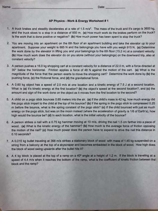 Solved Name: Date:- AP Physics-Work & Energy Worksheet # 1 | Chegg.com