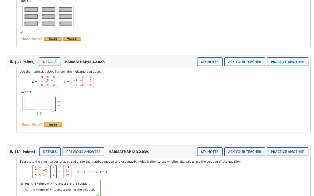 Solved −/1 Points] HARMATHAP12 3.2.027. Use the matrices | Chegg.com