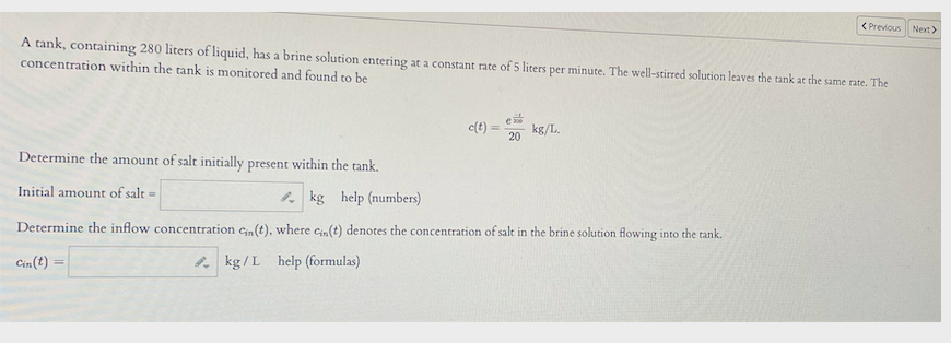 Solved A tank, containing 280 liters of | Chegg.com