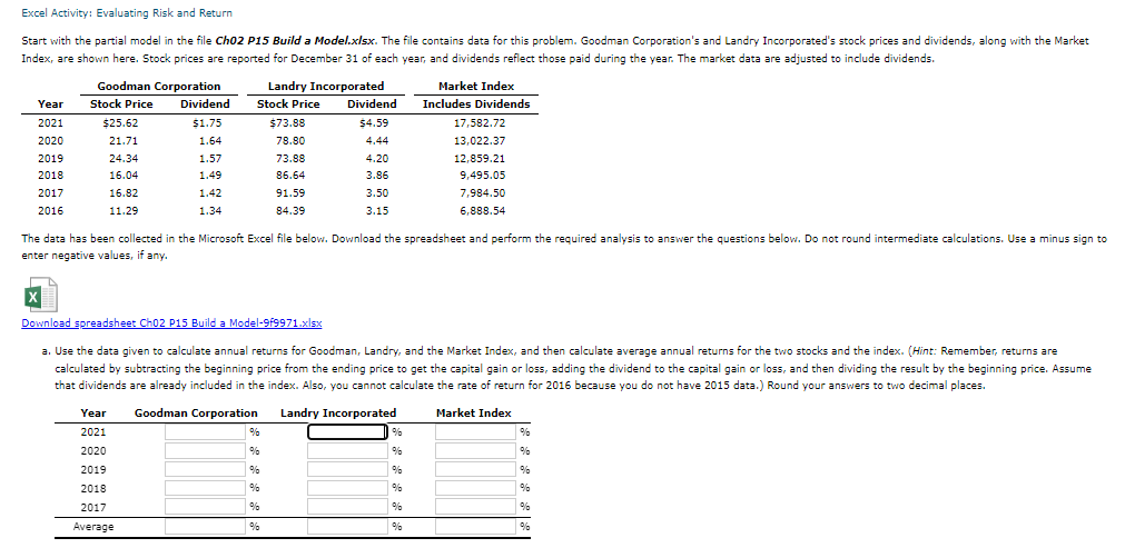 Excel Activity: Evaluating Risk and Return Start with | Chegg.com