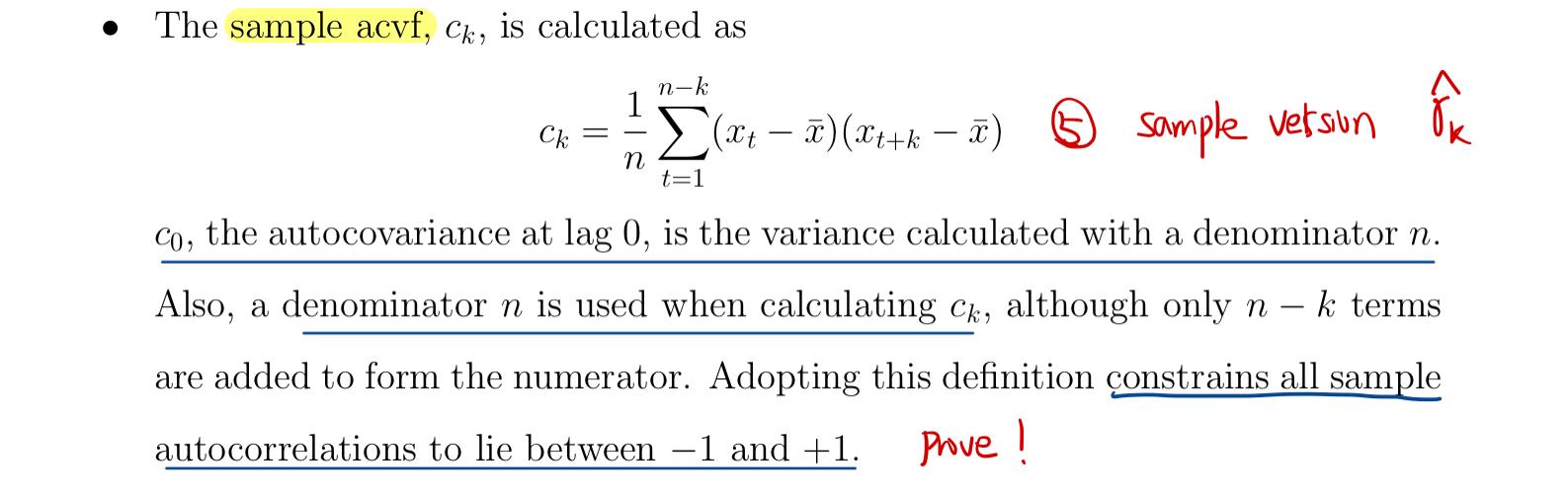 Solved The sample acvf, Ck, is calculated as n-k 1 Сk Σας – | Chegg.com