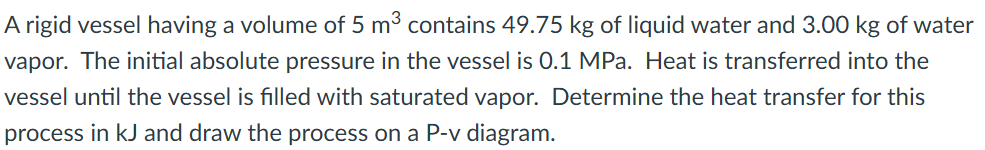 Solved A rigid vessel having a volume of 5m3 ﻿contains 49.75 | Chegg.com