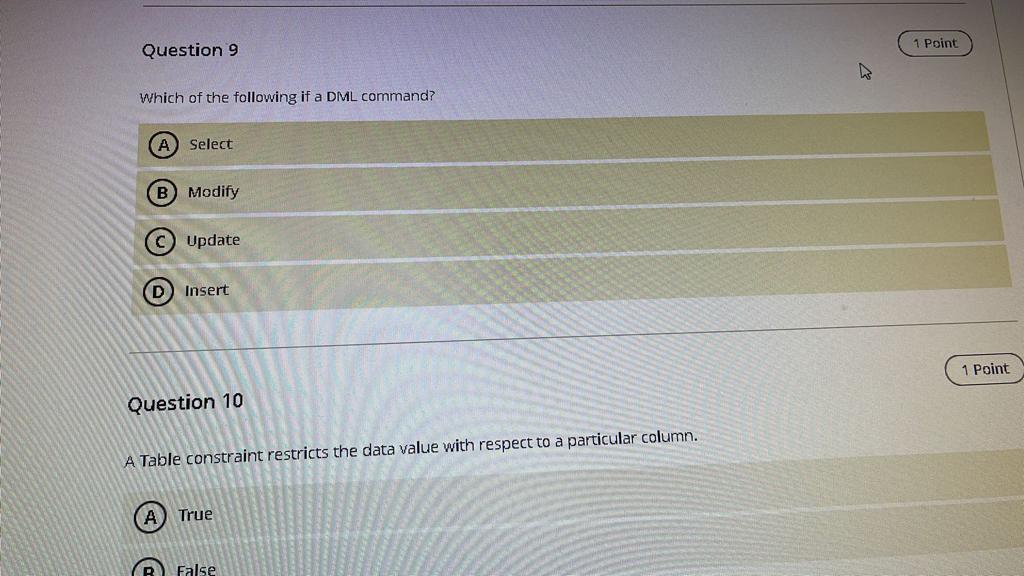 Solved Question 9 Which of the following if a DML command? | Chegg.com