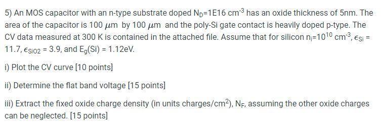 Solved 5) An MOS capacitor with an n-type substrate doped | Chegg.com