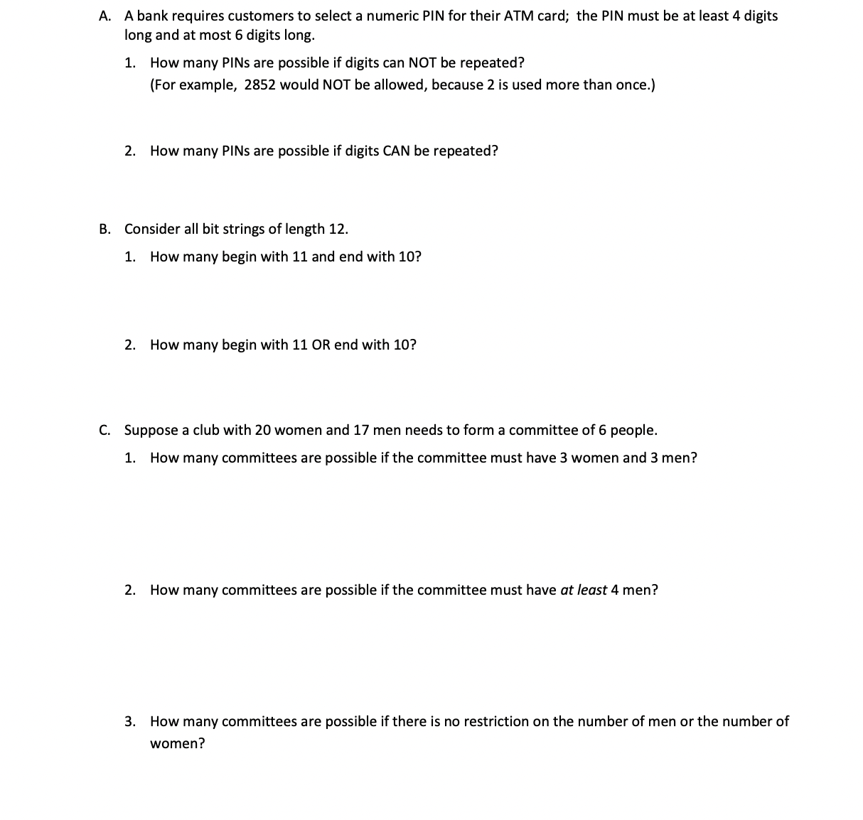 Solved A. A bank requires customers to select a numeric PIN | Chegg.com