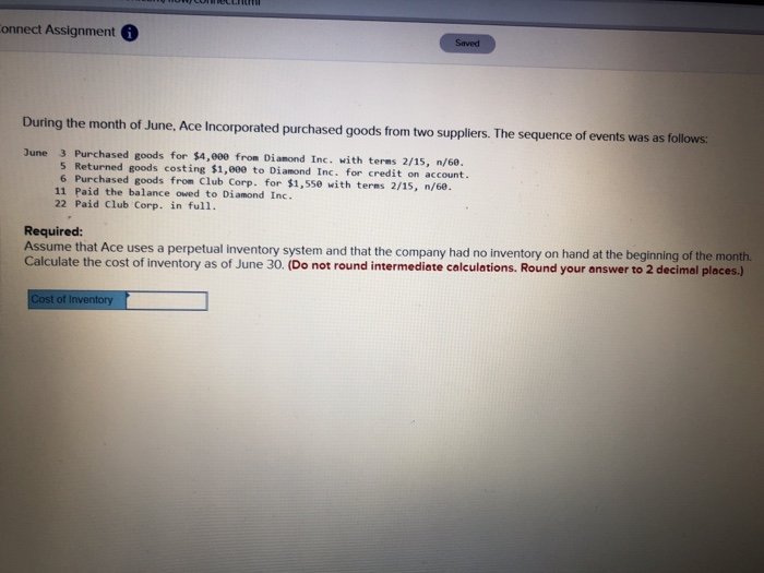 Solved onnect Assignment During the month of June, Ace | Chegg.com Solved onnect Assignment During the month of June, Ace | Chegg.com