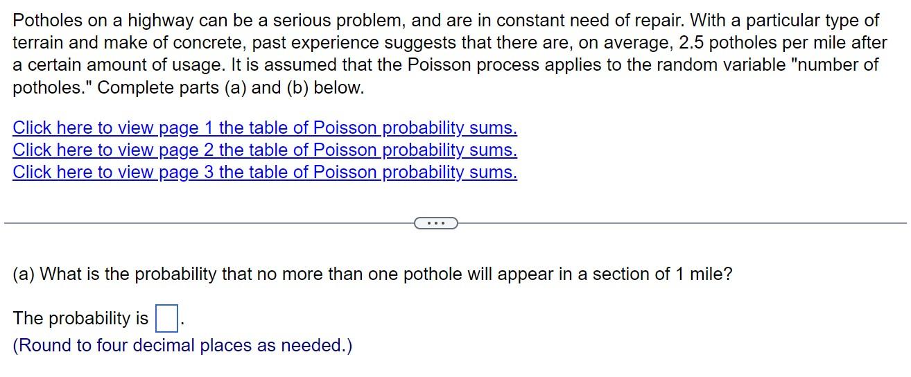 Solved Potholes on a highway can be a serious problem, and | Chegg.com