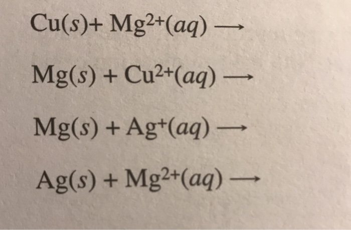 Solved Cu(s)+ Mg2+(aq)- Mg(s) + Cu2+(aq)- Mg(s) + Ag+(aq)- | Chegg.com