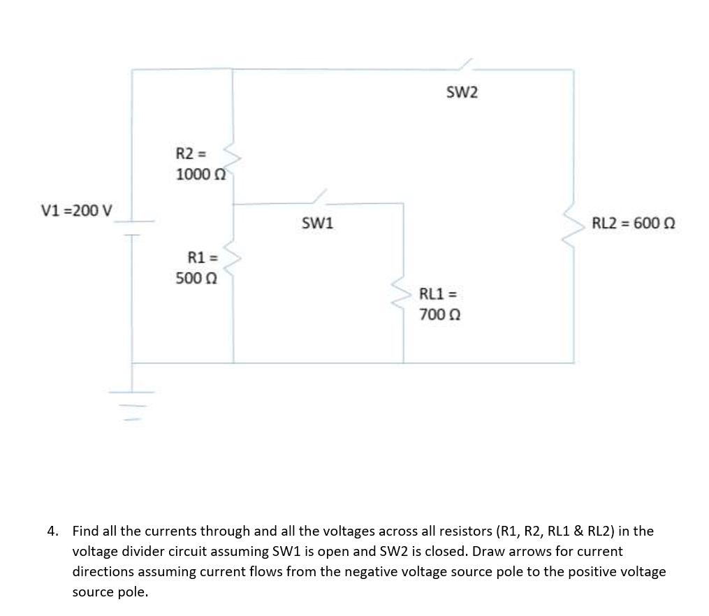 Solved SW2 R2 = 100002 V1 =200 V SW1 RL2 = 600 2 R1 = 5002 | Chegg.com