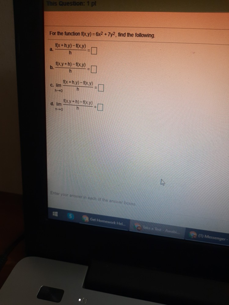 Solved This Question: 1 pt For the function f(x,y)=6x2 + | Chegg.com
