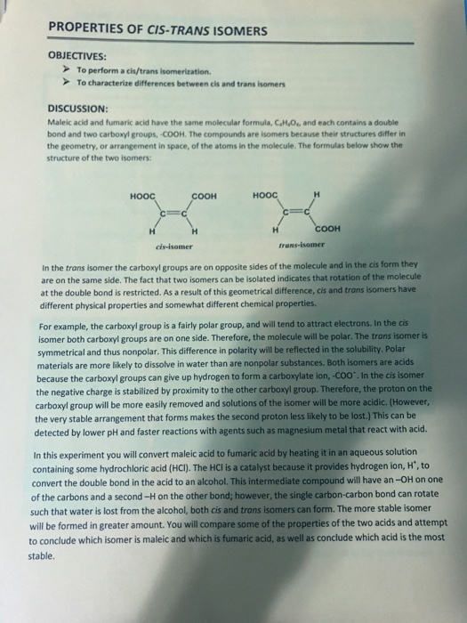 Solved PROPERTIES OF CIS-TRANS ISOMERS OBJECTIVES: To | Chegg.com