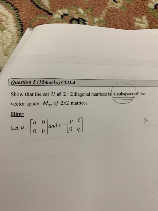 Solved Question 5 (15marks) CLO-4 Show that the set U of 2x2 | Chegg.com