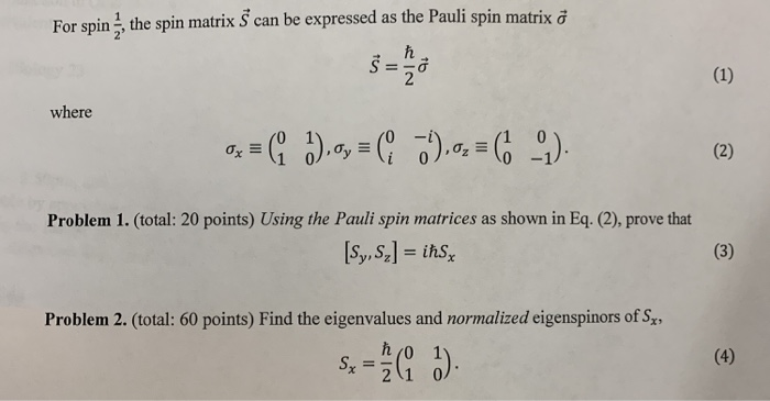 Solved For spin the spin matrix S can be expressed as the | Chegg.com