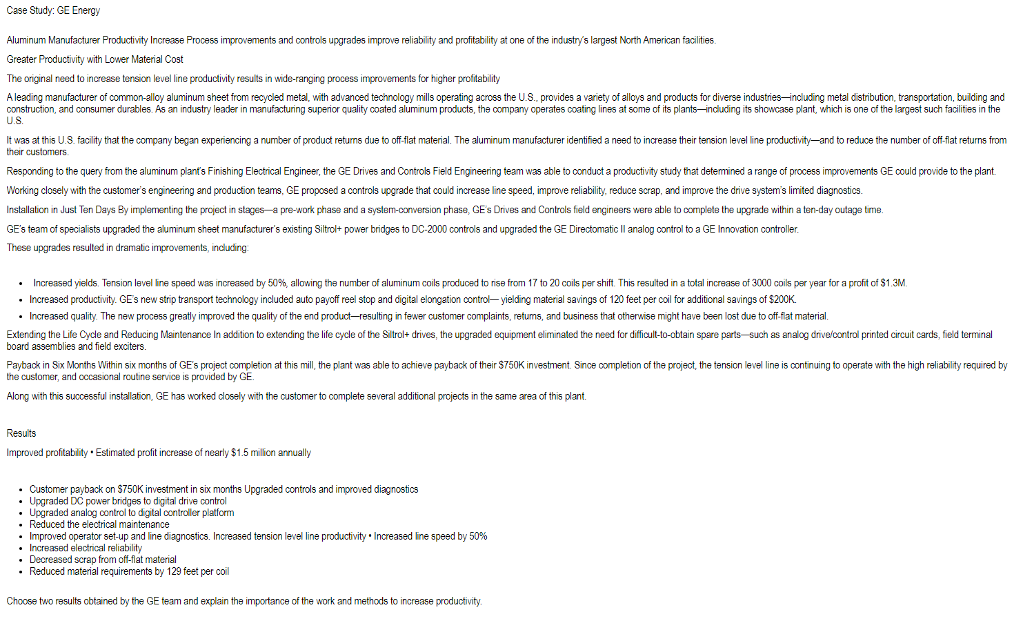 Solved Case Study: GE Energy Aluminum Manufacturer | Chegg.com