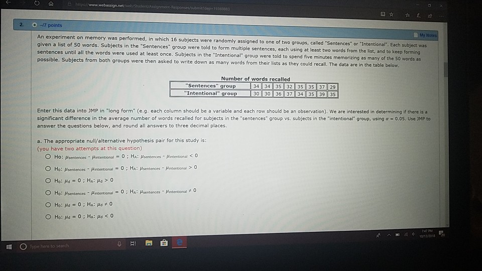 Solved es submit 2. 17 points My N An experiment on memory | Chegg.com