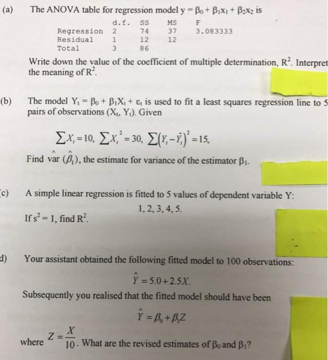 Solved (a) The ANOVA table for regression model y = beta_0 + | Chegg.com