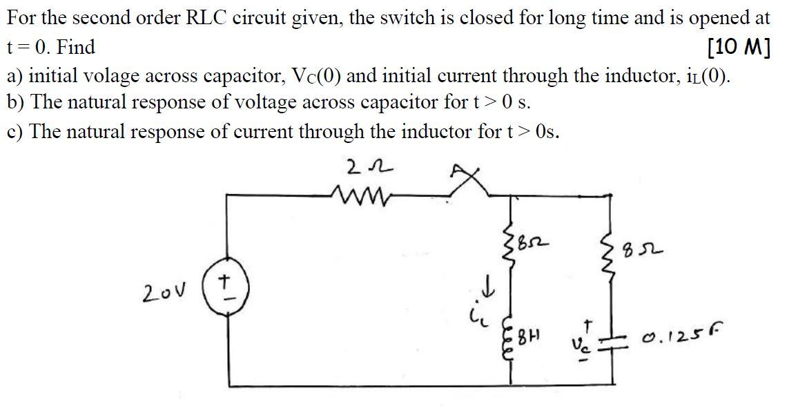Solved For the second order RLC circuit given, the switch is | Chegg.com