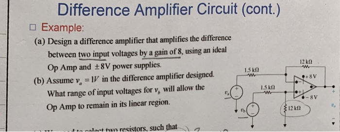 Solved Difference Amplifier Circuit (cont.) o Example: (a) | Chegg.com