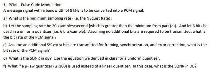 Solved 1. PCM - Pulse Code Modulation A message signal with | Chegg.com