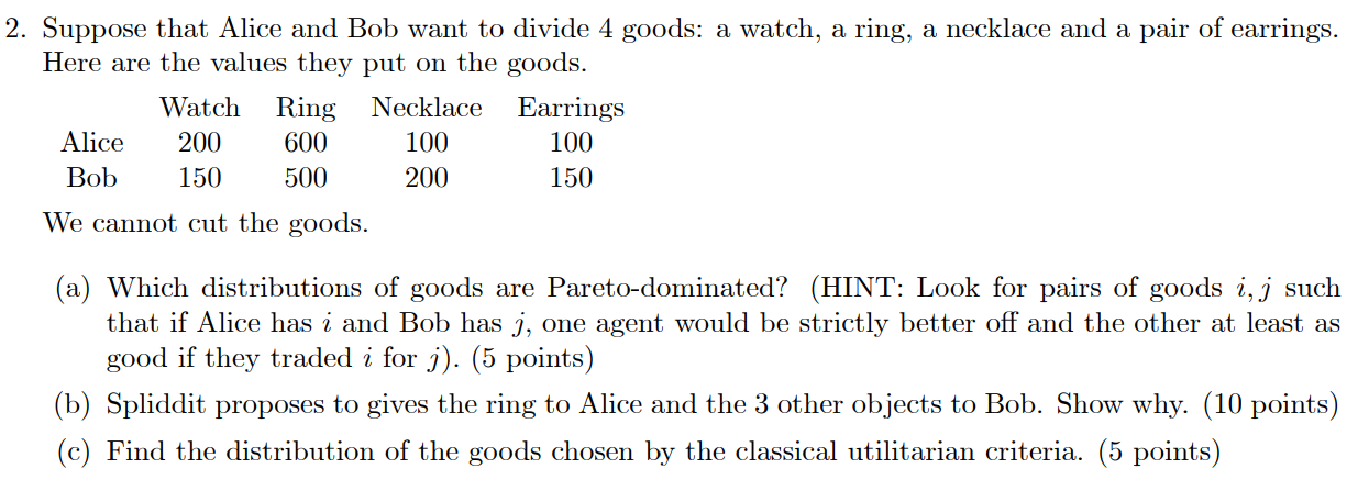 Solved Suppose that Alice and Bob want to divide 4 ﻿goods: a | Chegg.com