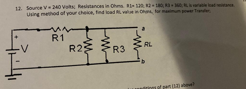 Solved Source v = 240 volts, r1 = 120, r2 = 180, r3 = 360, | Chegg.com