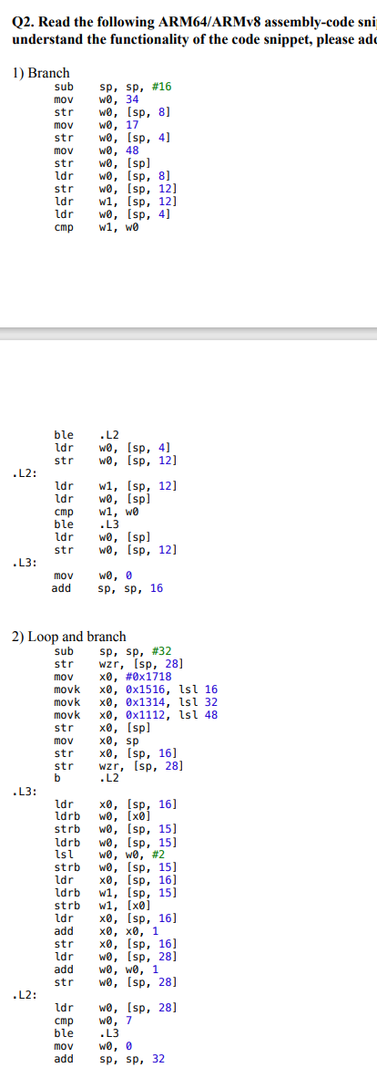 Solved Q2. Read the following ARM64/ARMv8 assembly-code sni | Chegg.com