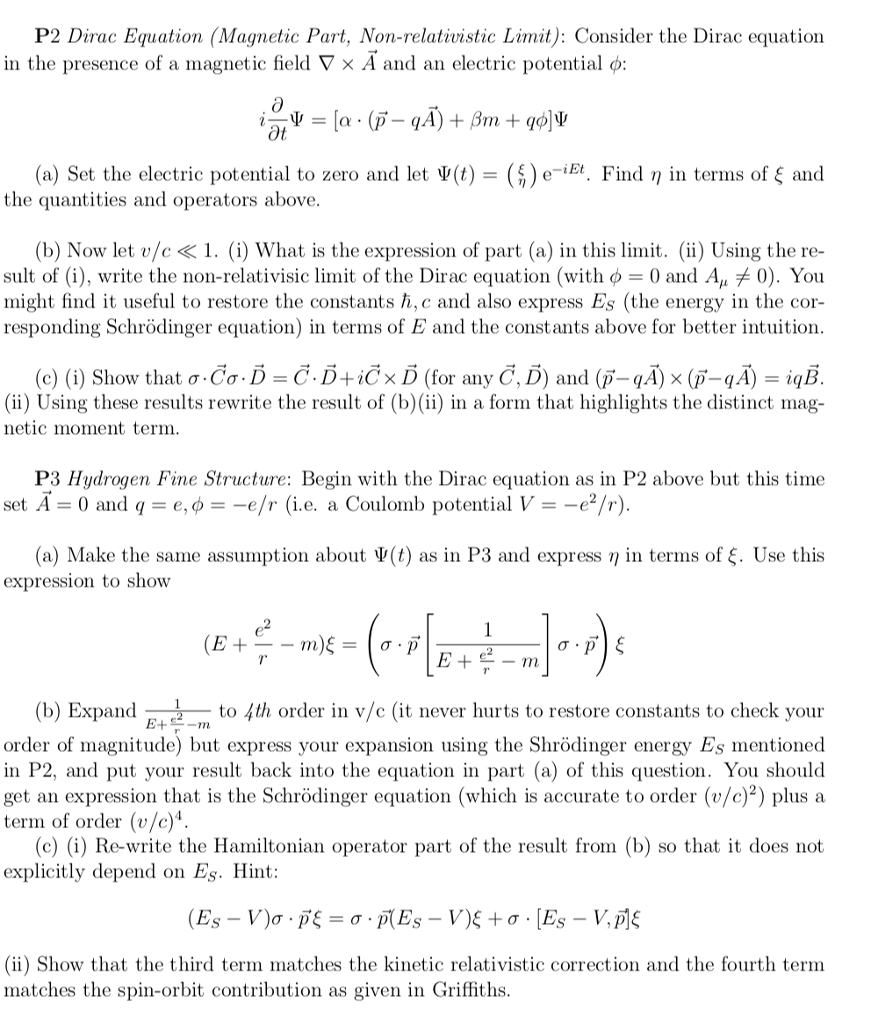 Solved P2 Dirac Equation (Magnetic Part, Non-relativistic | Chegg.com