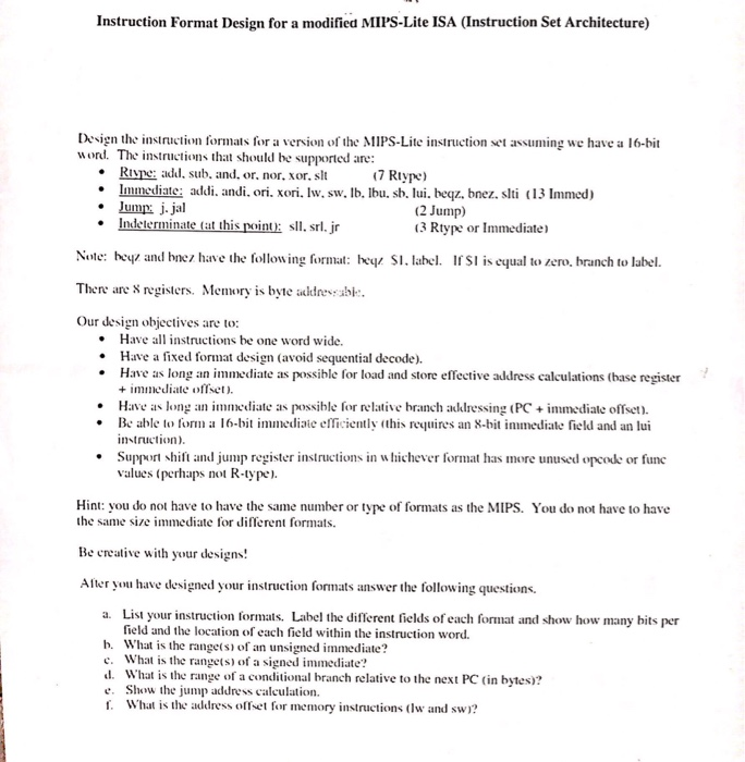 Instruction Format Design for a modifiea MIPS-Lite | Chegg.com