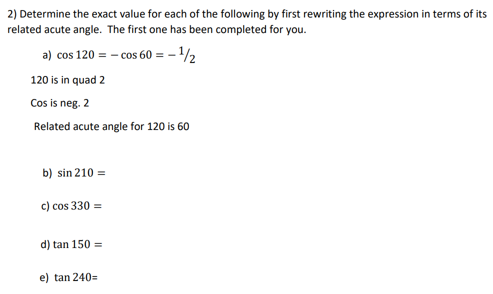 Solved 2) Determine the exact value for each of the | Chegg.com