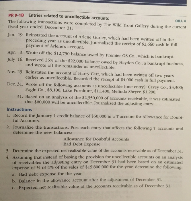 Solved PR 9-1B Entries related to uncollectible accounts The | Chegg.com
