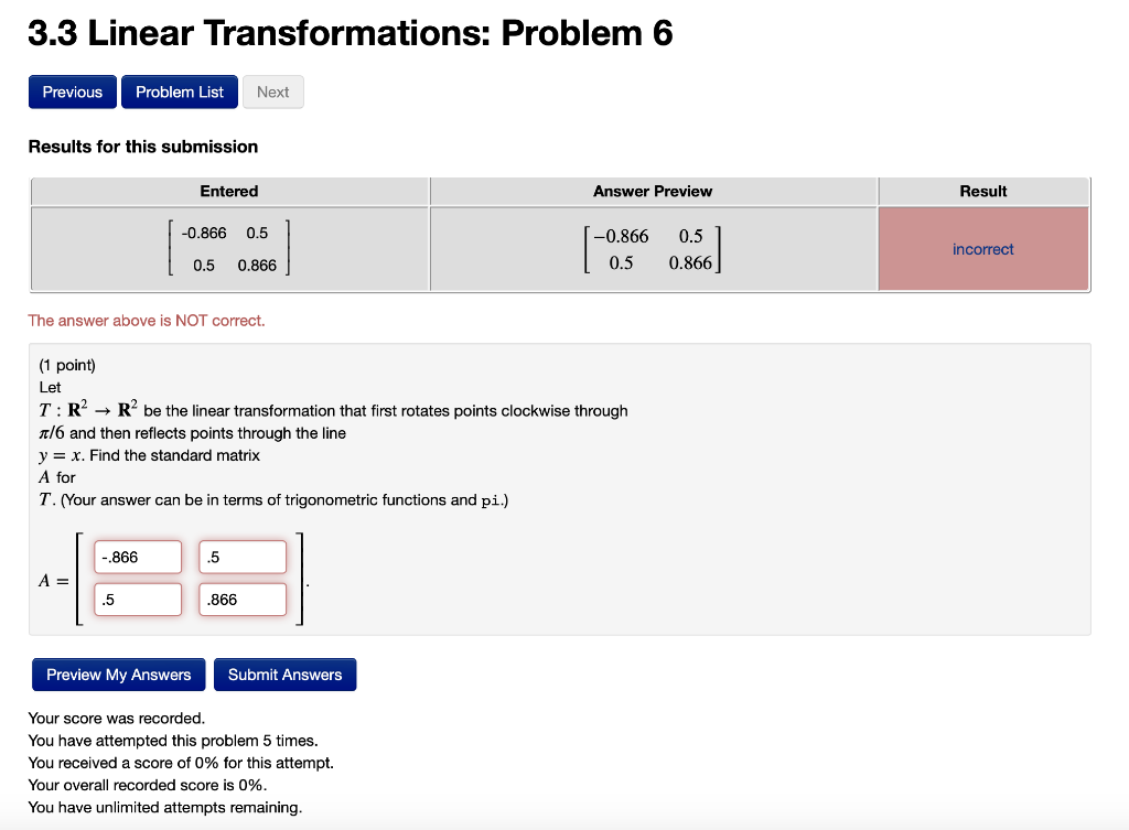 Solved 3.3 Linear Transformations: Problem 6 Previous | Chegg.com