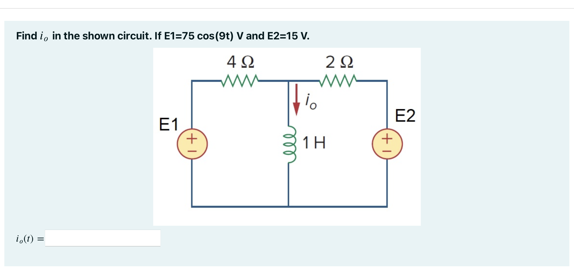 Solved Find io in the shown circuit. If E1=75cos(9t)V and | Chegg.com