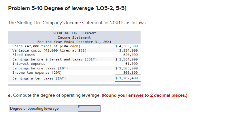 Solved Problem 5-10 Degree of leverage [LO5-2, 5-5] The | Chegg.com
