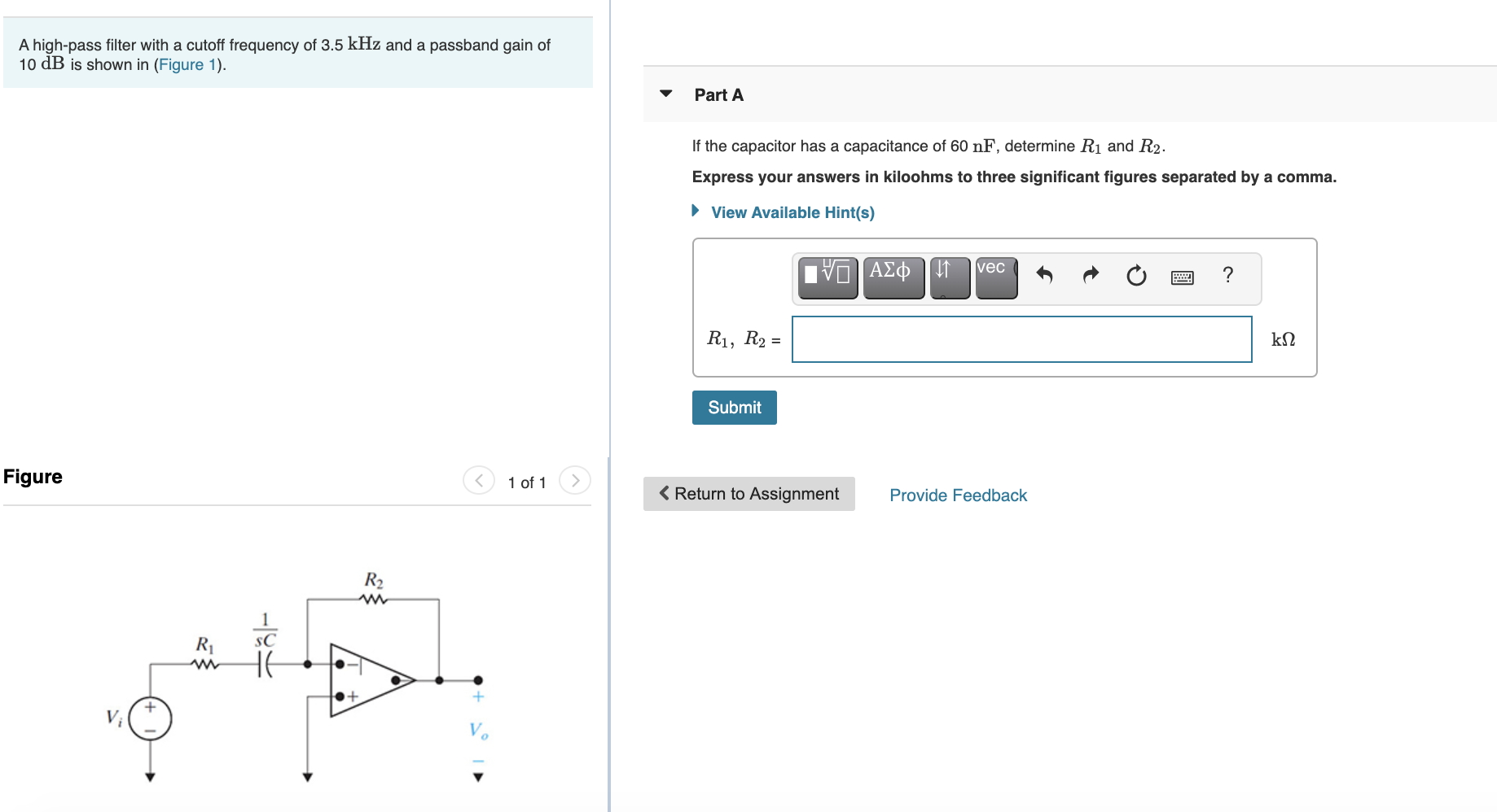 Solved A high-pass filter with a cutoff frequency of 3.5 kHz | Chegg.com