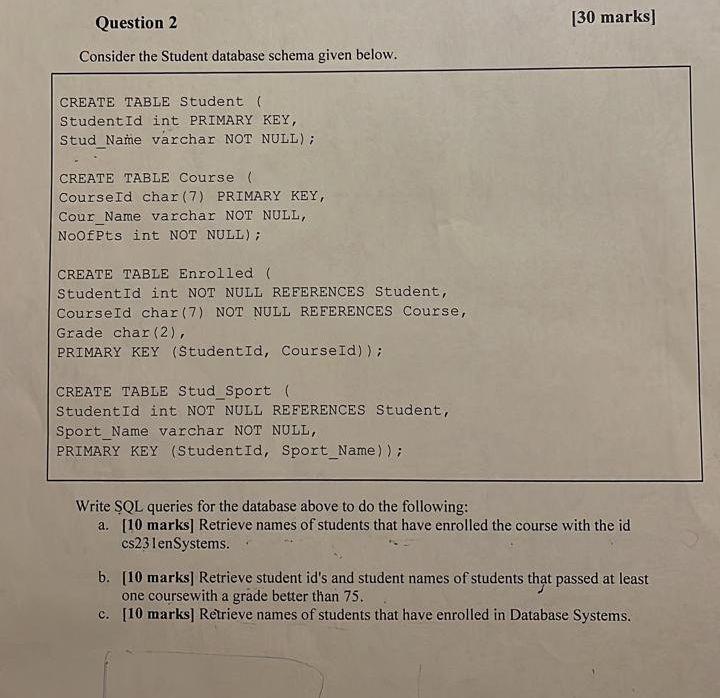 Solved Question 2 [30 marks] Consider the Student database | Chegg.com