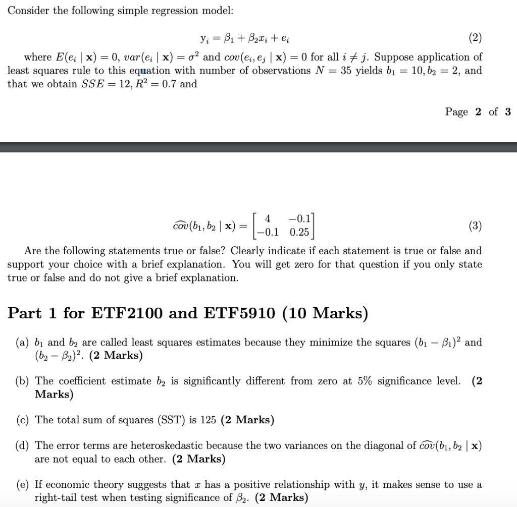 Solved Consider The Following Simple Regression Model Y 8413