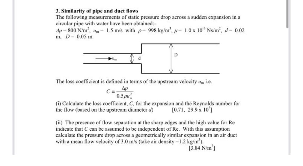 Solved 3. Similarity of pipe and duct flows The following | Chegg.com