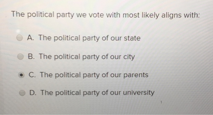 The political party we vote with most likely aligns | Chegg.com