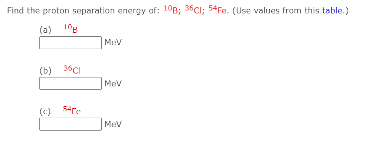 Solved Find the proton separation energy of: 10B; 36C1; 54 | Chegg.com