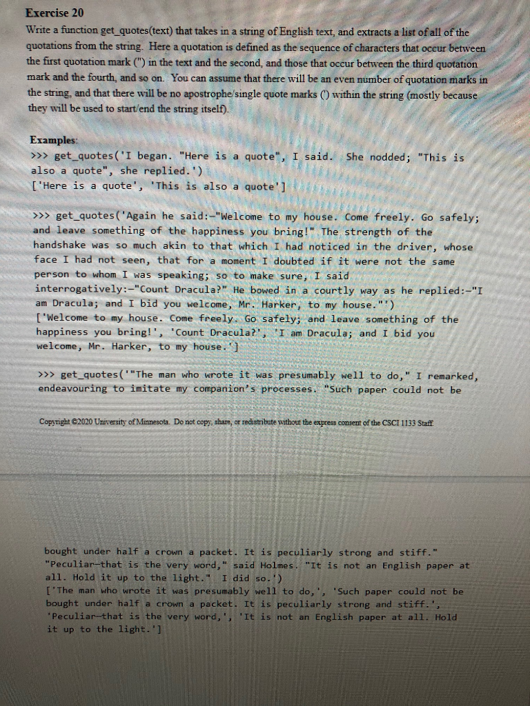 Exercise 20 Write a function get_quotes(text) that | Chegg.com