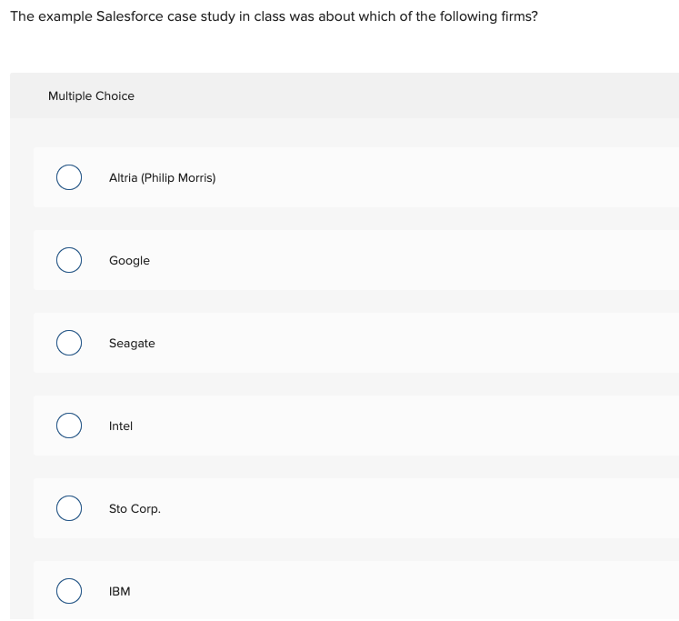 The example Salesforce case study in class was about | Chegg.com