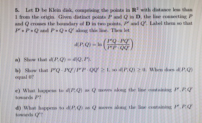 Solved 5. Let D be Klein disk, comprising the points in R² | Chegg.com