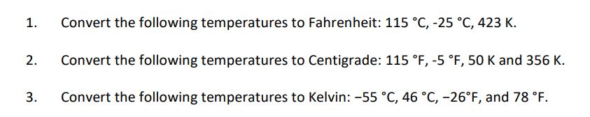 Solved 1. Convert the following temperatures to Fahrenheit: | Chegg.com
