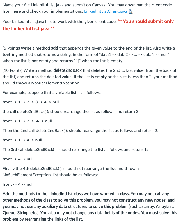 Solved Java Program Linkedintlistclientjava Public 9552