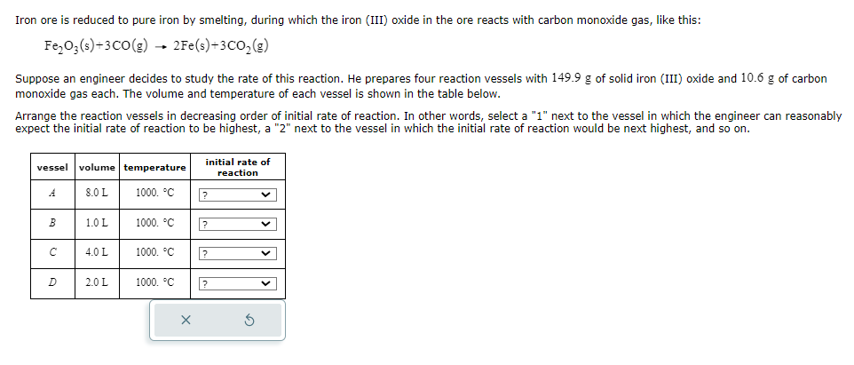 Solved Fe2O3( s)+3CO(g)→2Fe(s)+3CO2( g) Suppose an engineer | Chegg.com