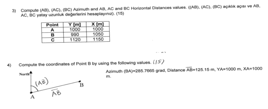 Solved 3) Compute (AB), (AC), (BC) Azimuth and AB,AC and BC | Chegg.com